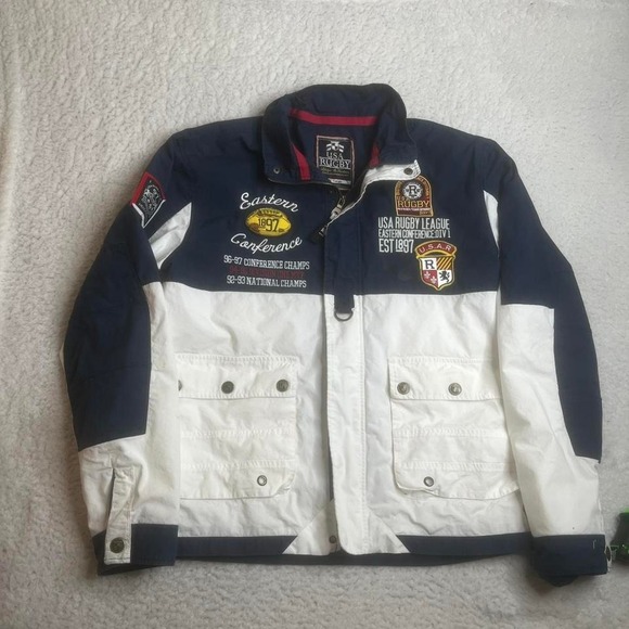 Jackets & Coats | Vintage Usa Rugby Mens Blue White Embroidered Patch ...
